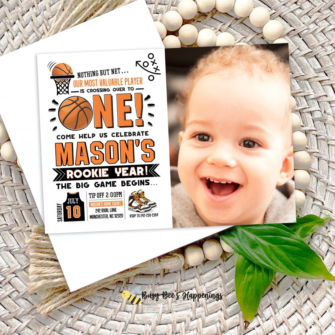 Basketball First Birthday Invitation: Little Baller Photo Invite ...