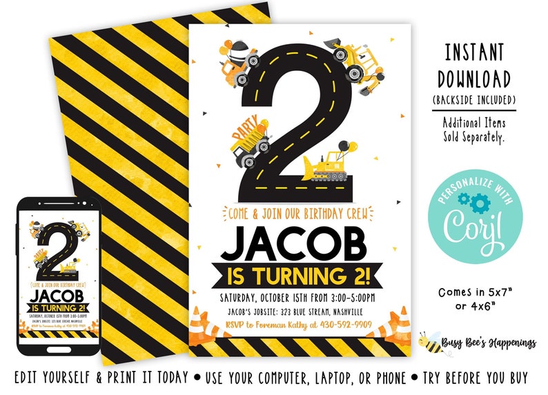 Construction Birthday Invitation Backhoe Construction Invite - Etsy