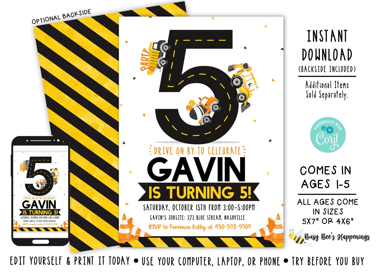 Construction Birthday Invitation Backhoe Construction Invite - Etsy