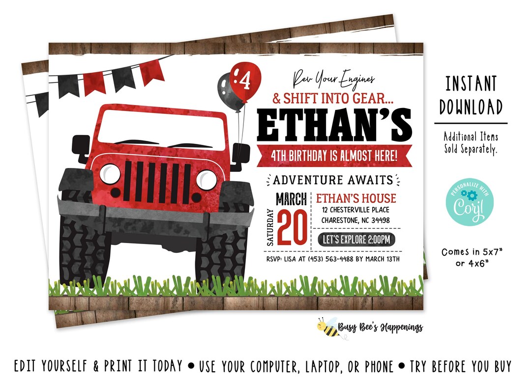 OFF ROAD TRUCK Birthday Invitation Four Wheeler Invite 4x4 Birthday ...