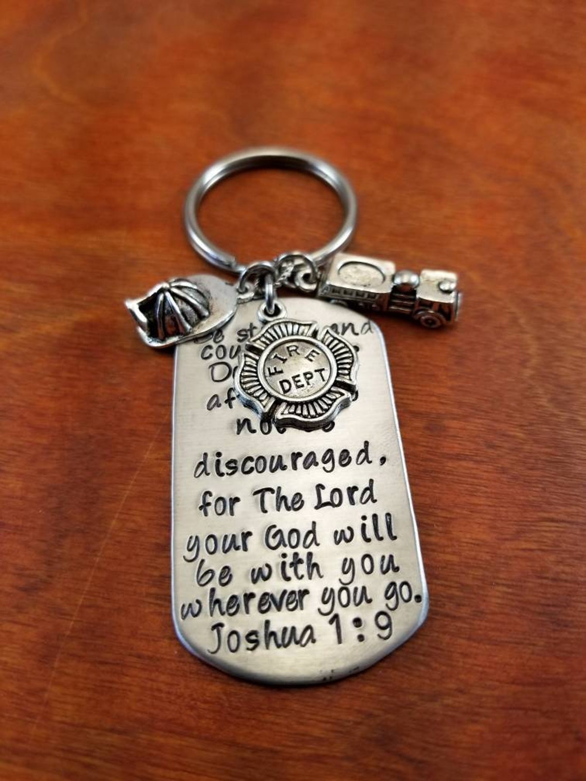 Fireman Dog Tag Key Chain, Joshua 1 9, Firefighter Gifts, Be Strong and ...
