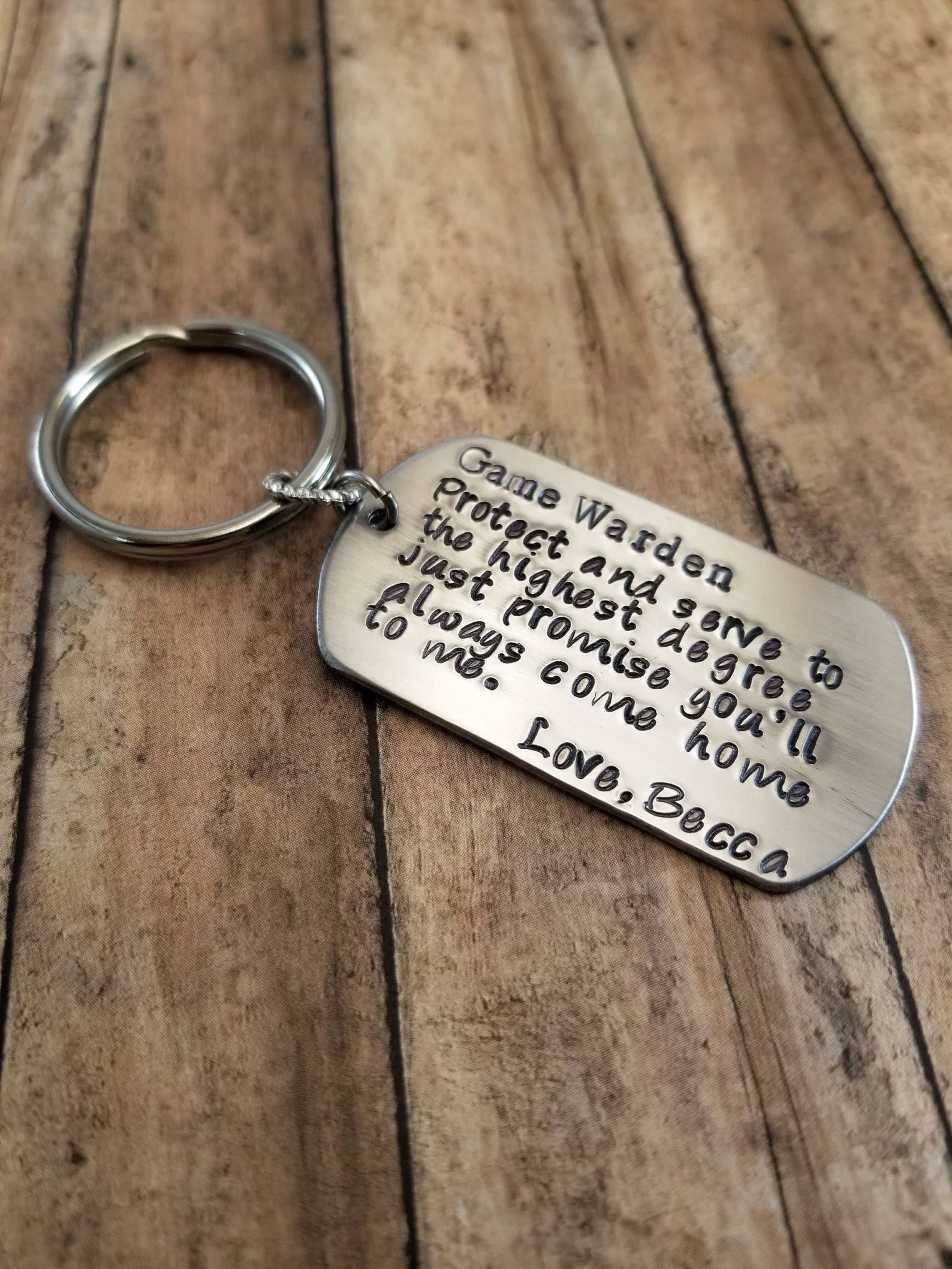 Hand Stamped Personalized Game Warden Key Chain Protect and - Etsy