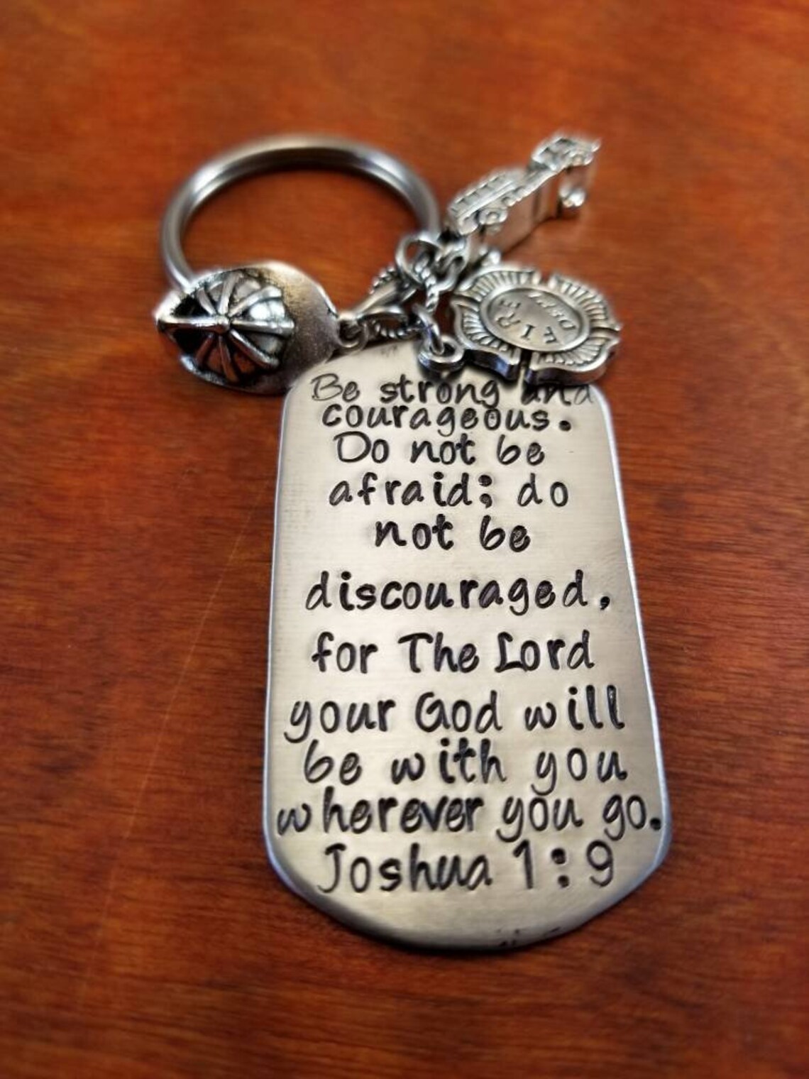 Fireman Dog Tag Key Chain, Joshua 1 9, Firefighter Gifts, Be Strong and ...