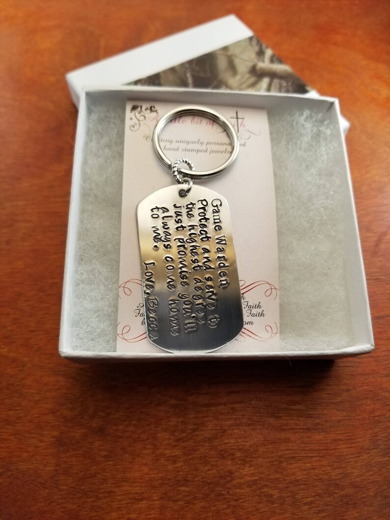 Hand Stamped Personalized Game Warden Key Chain Protect and - Etsy