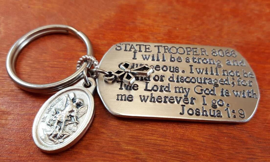 State Trooper joshua 1:9 key chain Police prayer St. Micheal | Etsy