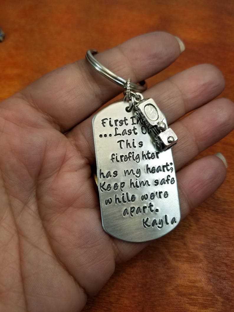 Firefighter Keep Him Safe Key Chain, First in Last Out Fireman Gift ...