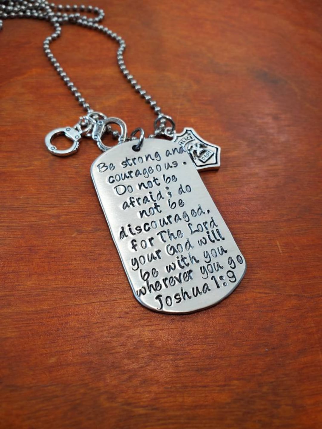 Hand Stamped Police Bible Verse Necklace, Joshua 1:9, Be Strong and ...