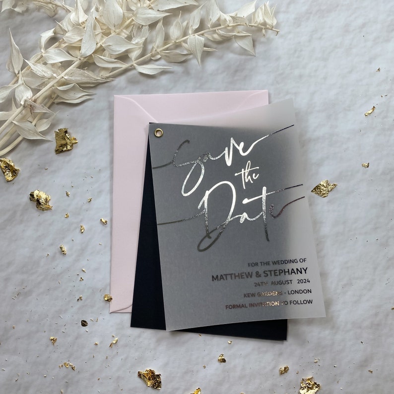 Save the Date Vellum With Black Backing Card Silver Foil - Etsy UK