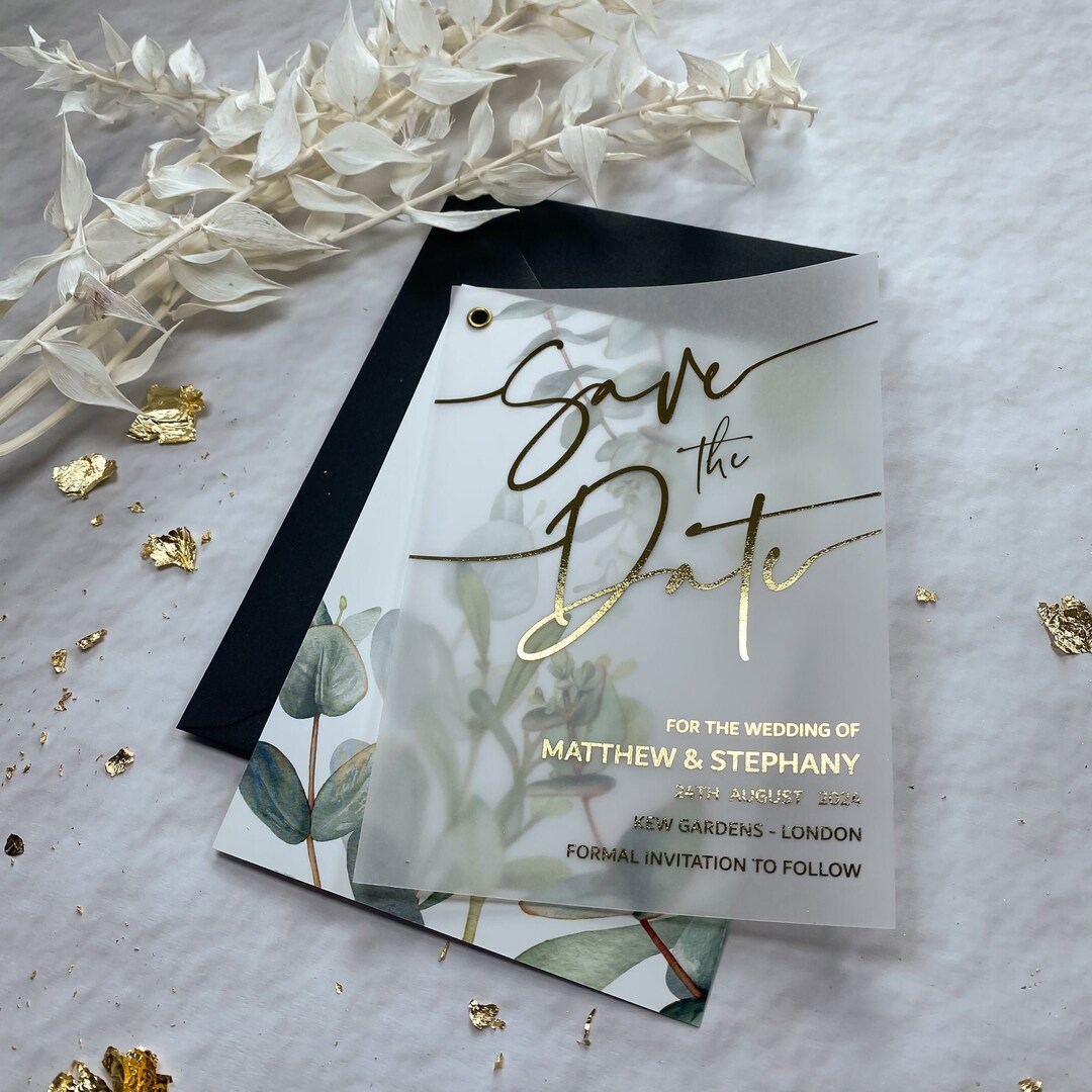 Foil Save the Date Vellum With Botanical Backing Card, Minimalist Save ...