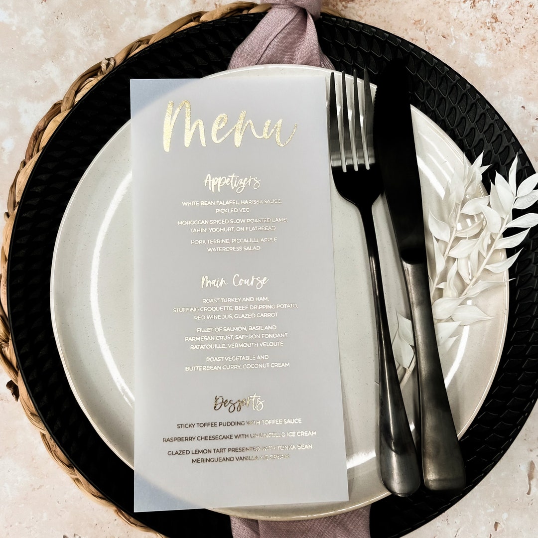 Wedding Menu Card With Place Cards | Vellum Foil Wedding Dinner Menu ...