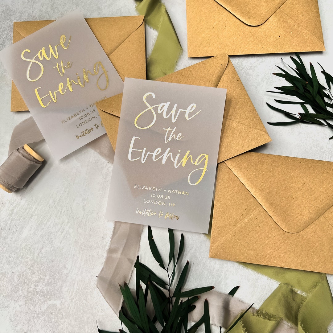 Save the Evening Cards Vellum Gold Foil Save the Dates Cards Minimalist ...