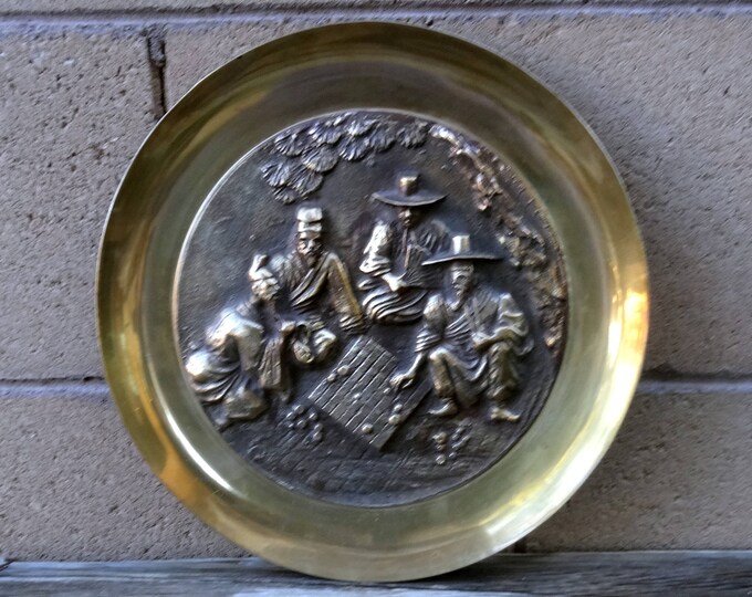 Vintage Korean Brass and Bronze Plaque, Men Playing Janggi, Checkers ...