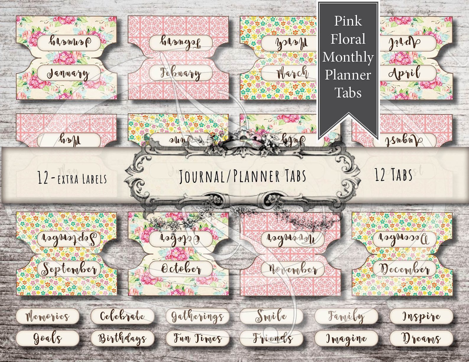 Pink Monthly Tabs for Junk Journals Daily Planners Calendars Travelers ...