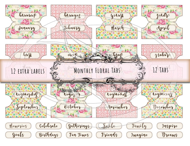 Printable Pink Monthly Tabs for Junk Journals Daily Planners | Etsy
