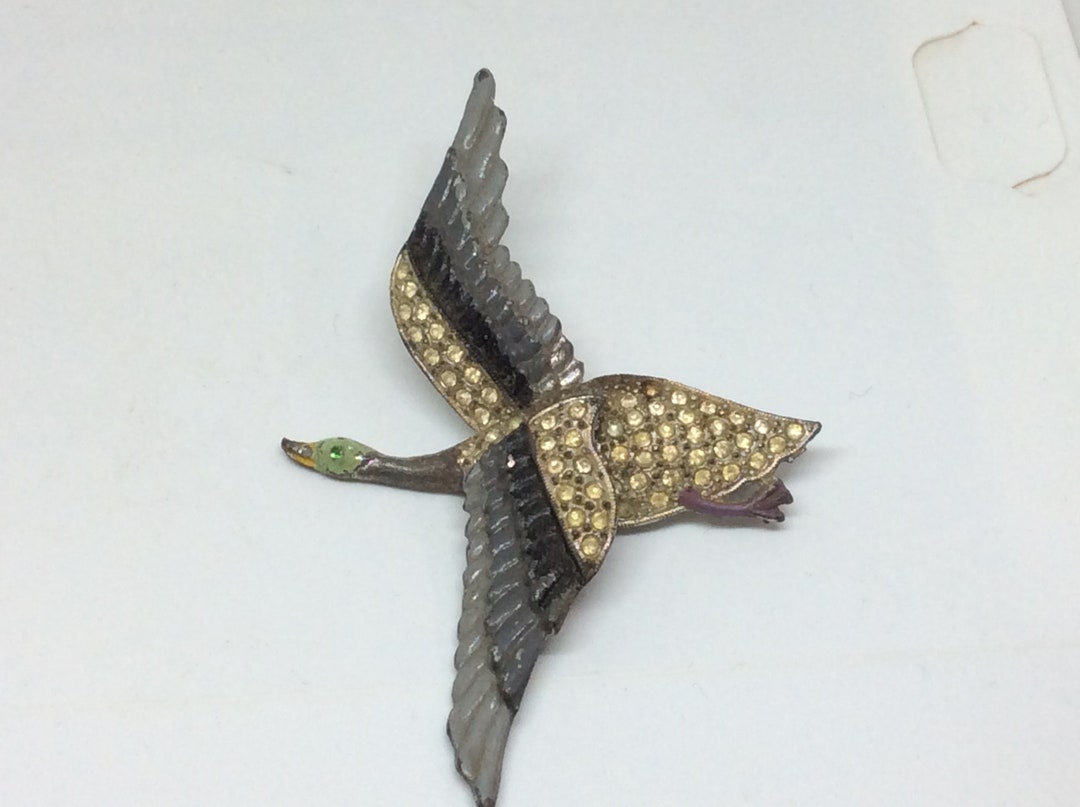 Vintage Enamel and Paste Stone Flying Goose / Wild Geese Costume Brooch ...
