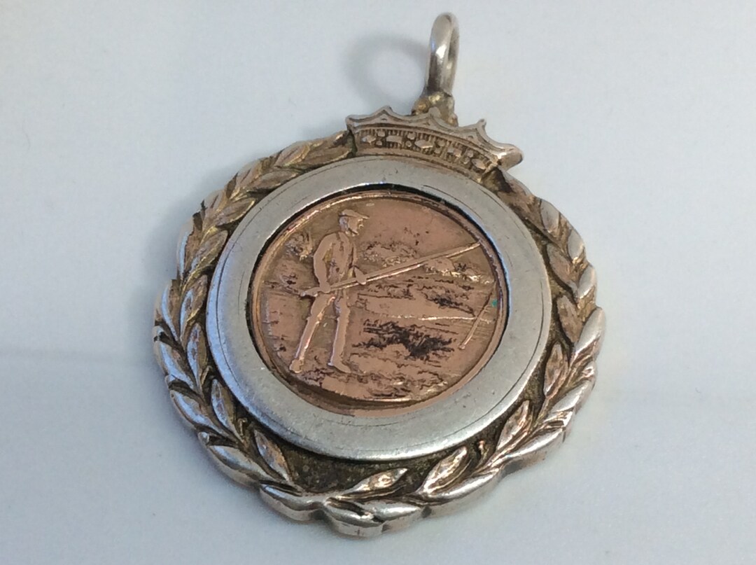 HEAVY 1920s Antique Hallmarked Silver Fishing Fob Medal Pendant Rose ...