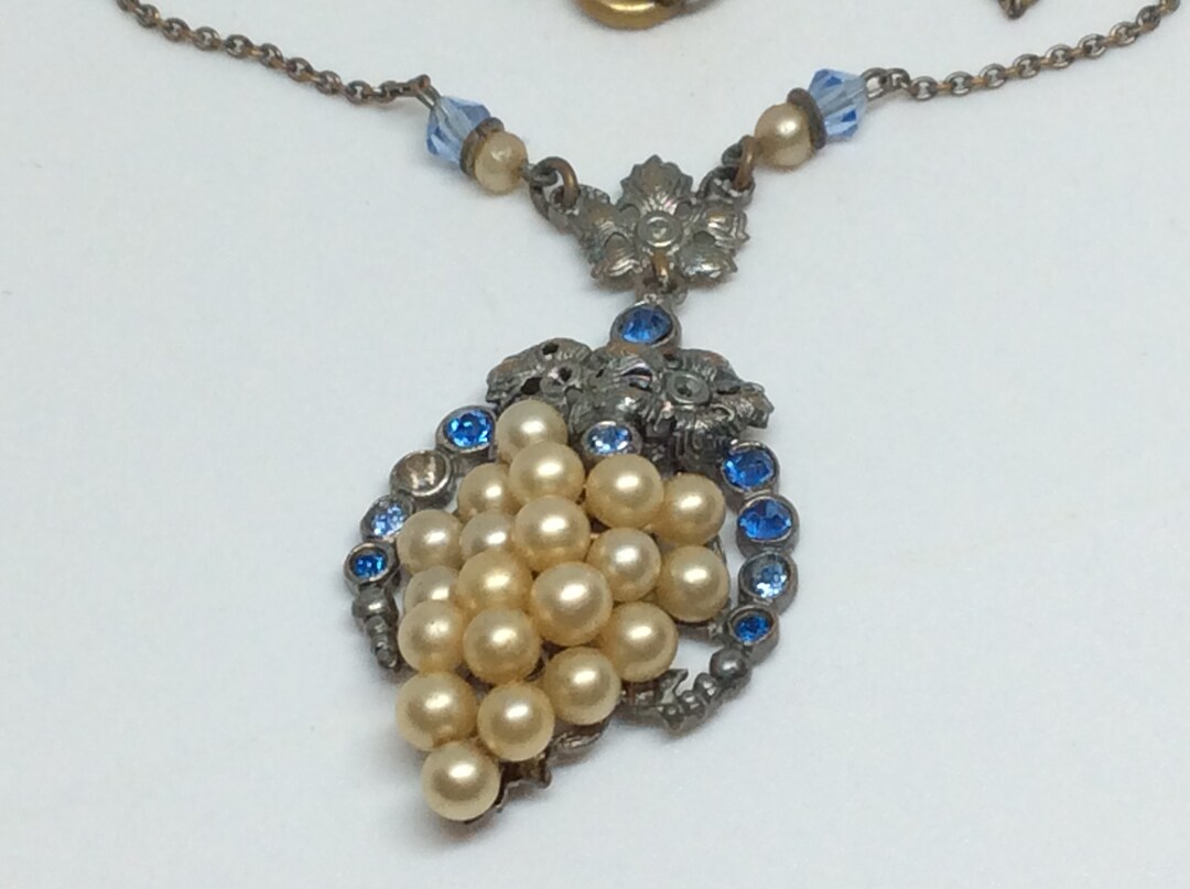 Vintage Art Deco Blue Stone and Pearl Czech Necklace Bunch of Grapes ...