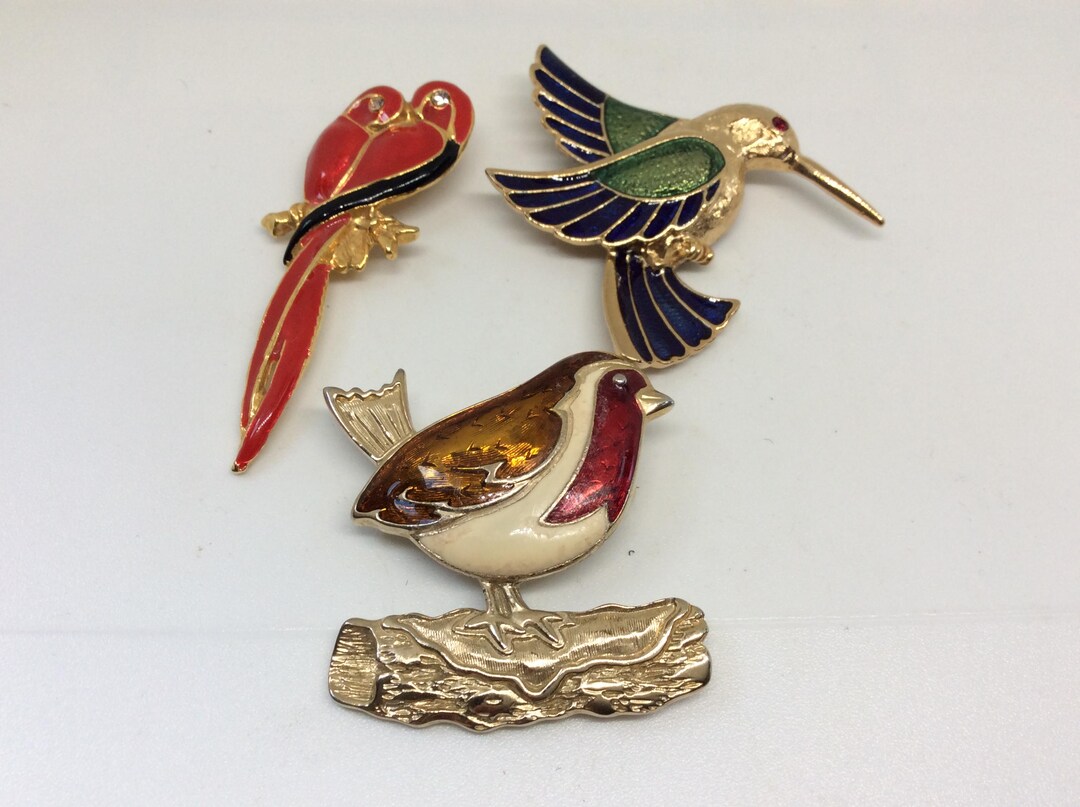 Job Lot of 1980s Era Vintage Enamel Bird Design Costume Brooches Etc ...
