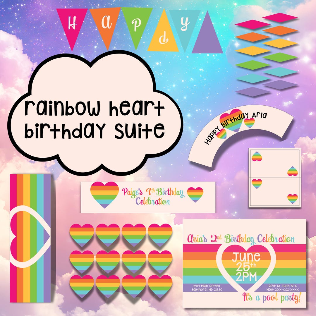 Rainbow Heart Birthday Party Pack | Vibrant DIY Printable Invitation ...