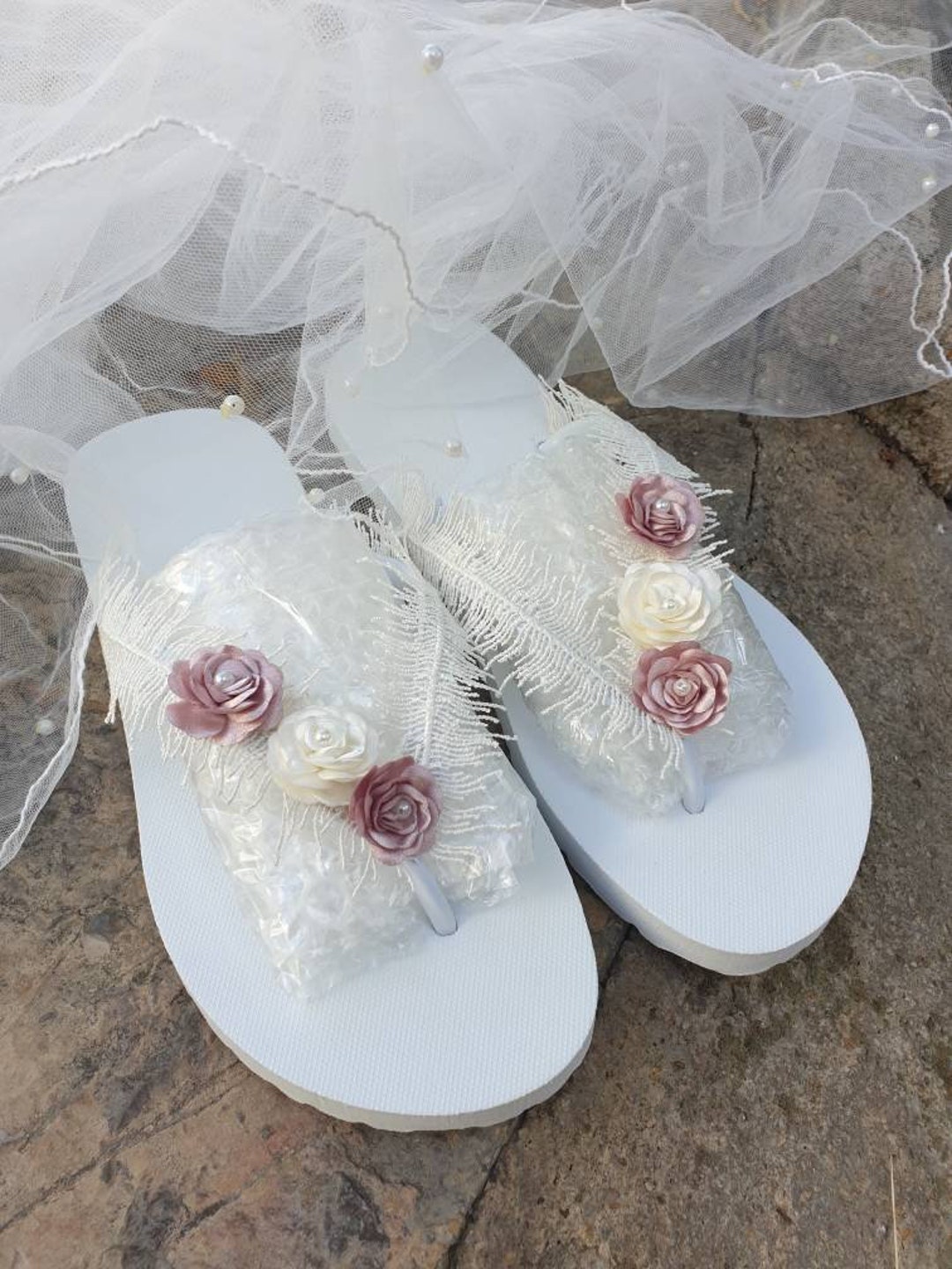 Pink Ivory Flowers Pearls Flip Flops Slippers..bridal Ivory - Etsy