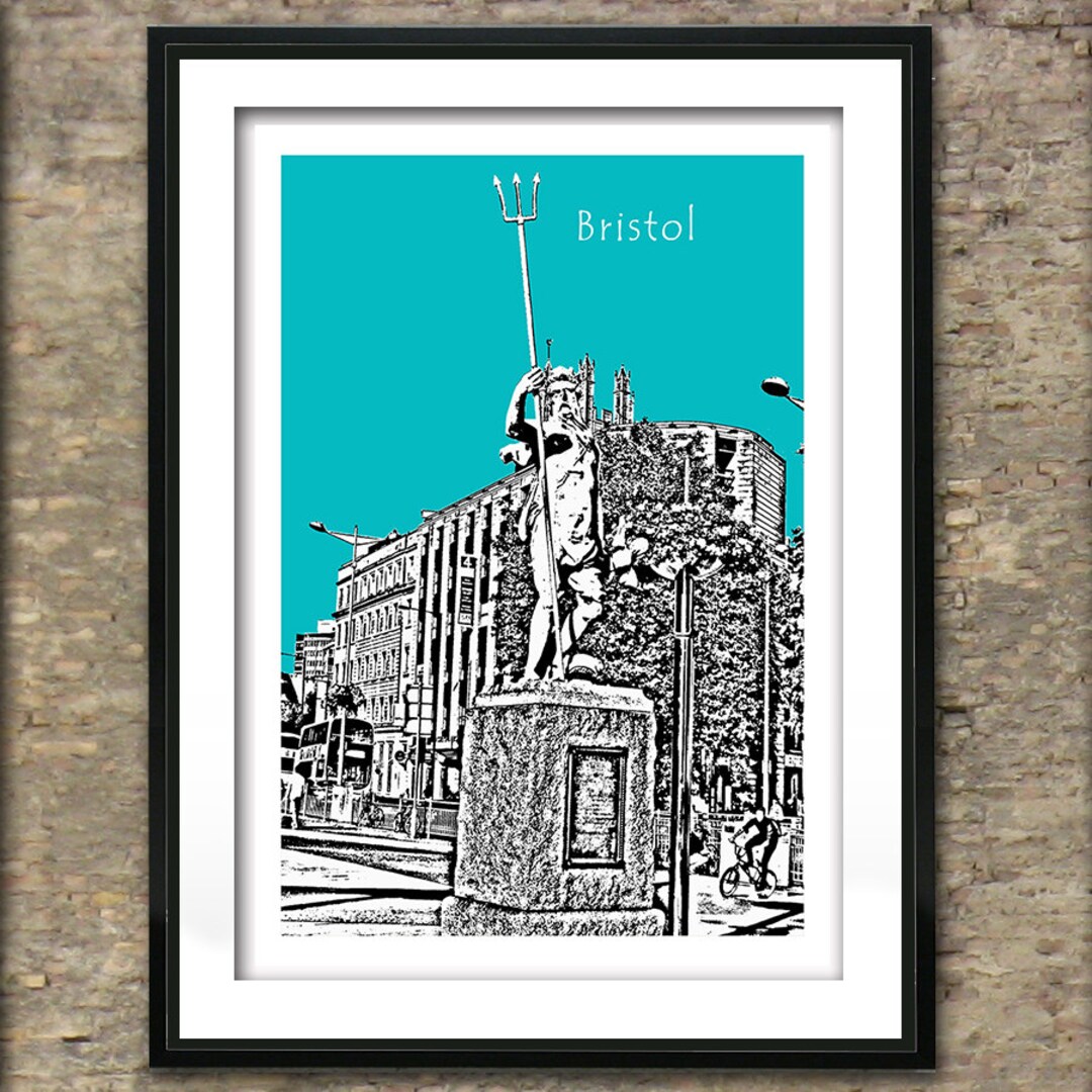 Bristol Skyline Art Print Poster A4 Size Showing a Statue of Neptune ...