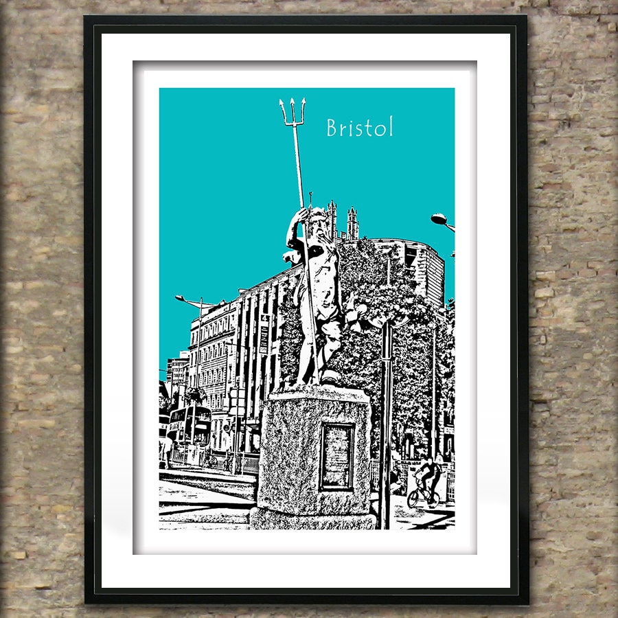 Bristol Skyline Art Print Poster A4 Size Showing a Statue of Neptune ...