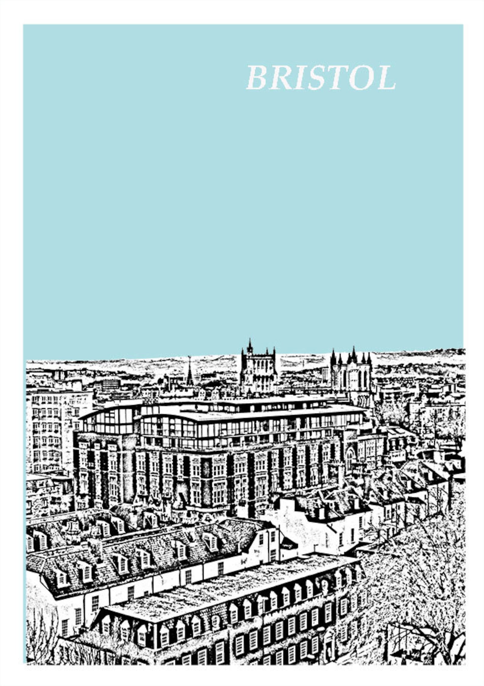 Bristol Skyline Art Print Poster A4 Size Showing Bristol Cathedral ...