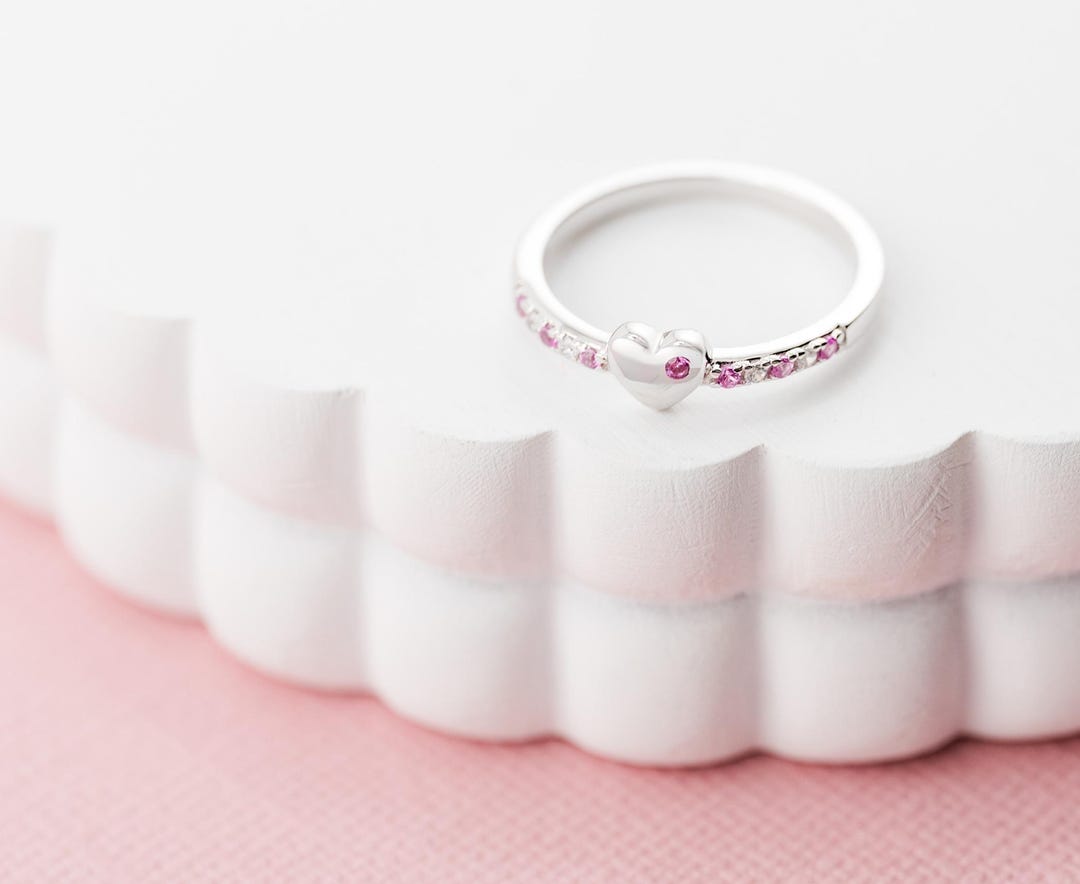Little Girls Sterling Silver Puff Heart Ring With Pink and Clear Cz's ...