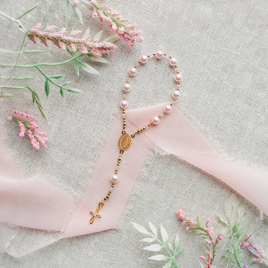 14K Gold Plated Infant Baby Rosary With Pink Pearls for Baptism Gift ...