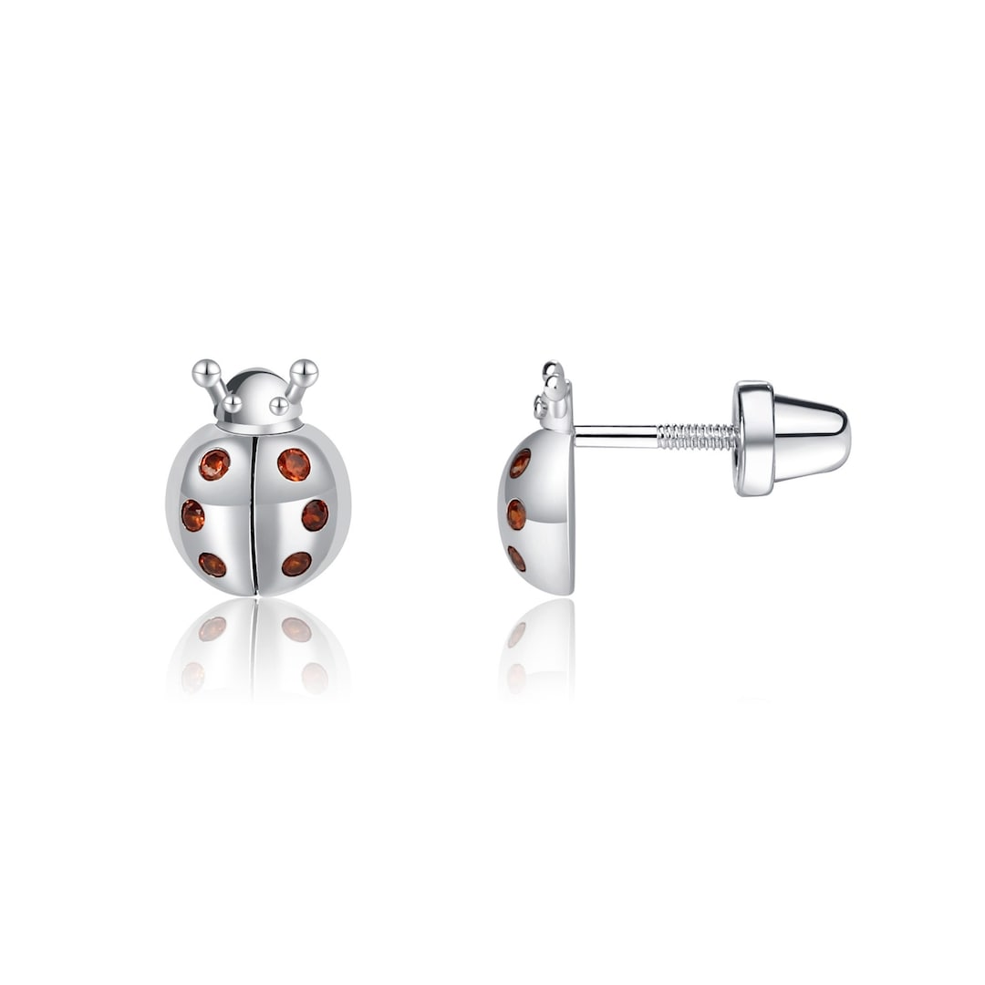 Girls Sterling Silver Ladybug Earrings With Red Czs With Screw Backs ...