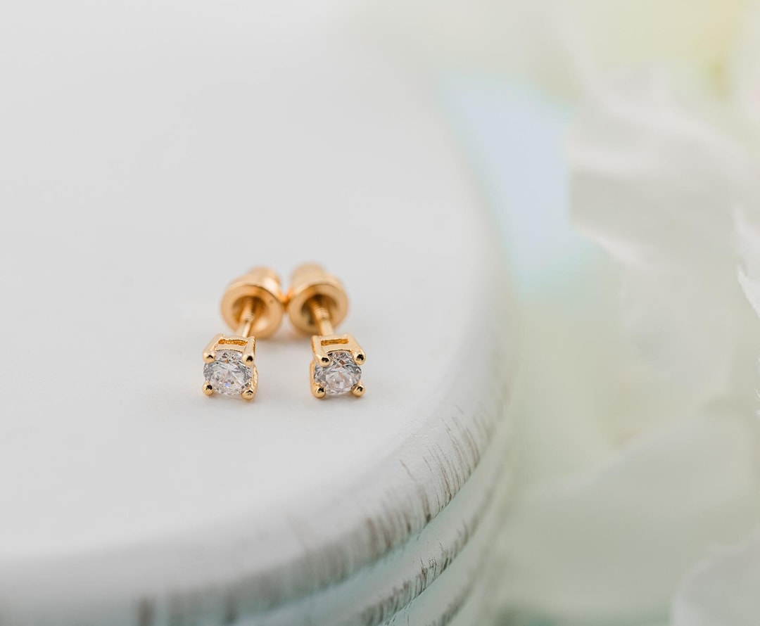 Kids 14K Gold Clear CZ Earrings, Kids Screw Back Earrings, Newborn ...
