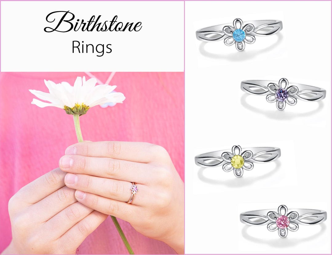 Girls Birthstone Ring, Kids Sterling Silver Baby Rings, Flower Ring for ...