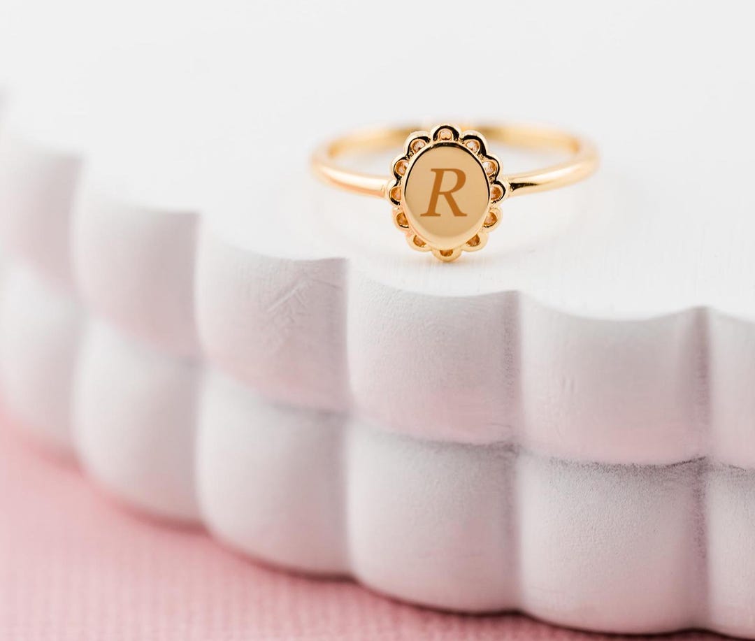 Personalized 14K Gold Plated Scalloped Oval Baby or Pinky Ring, Little Girls, Toddler, Kids ...