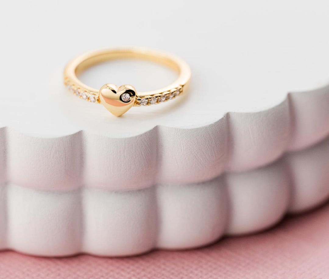 Little Girls 14K Gold Plated Sterling Silver Puff Heart Ring With Clear ...