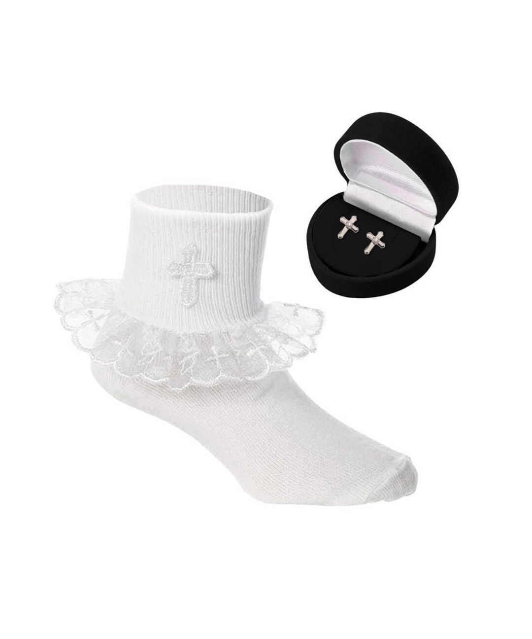 Girls First Communion Gift Set, White Lace Socks With Cross ...