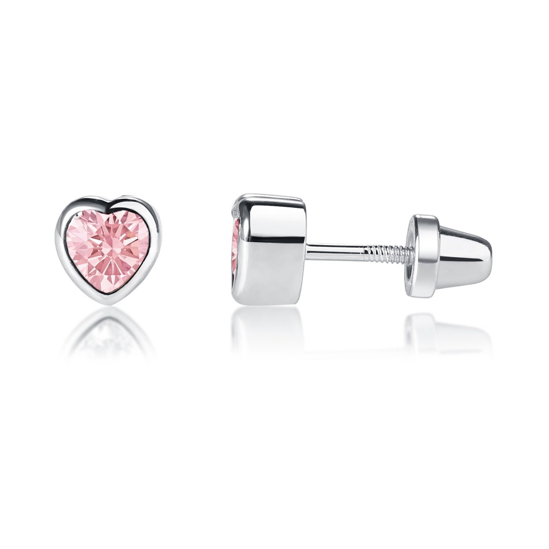 Little Girls Sterling Silver CZ Pink Heart Screw Back Earrings, Toddler ...