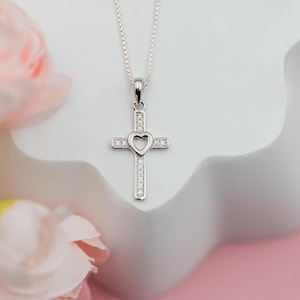 Children's Sterling Silver CZ Cross Necklace and Heart, First Holy ...