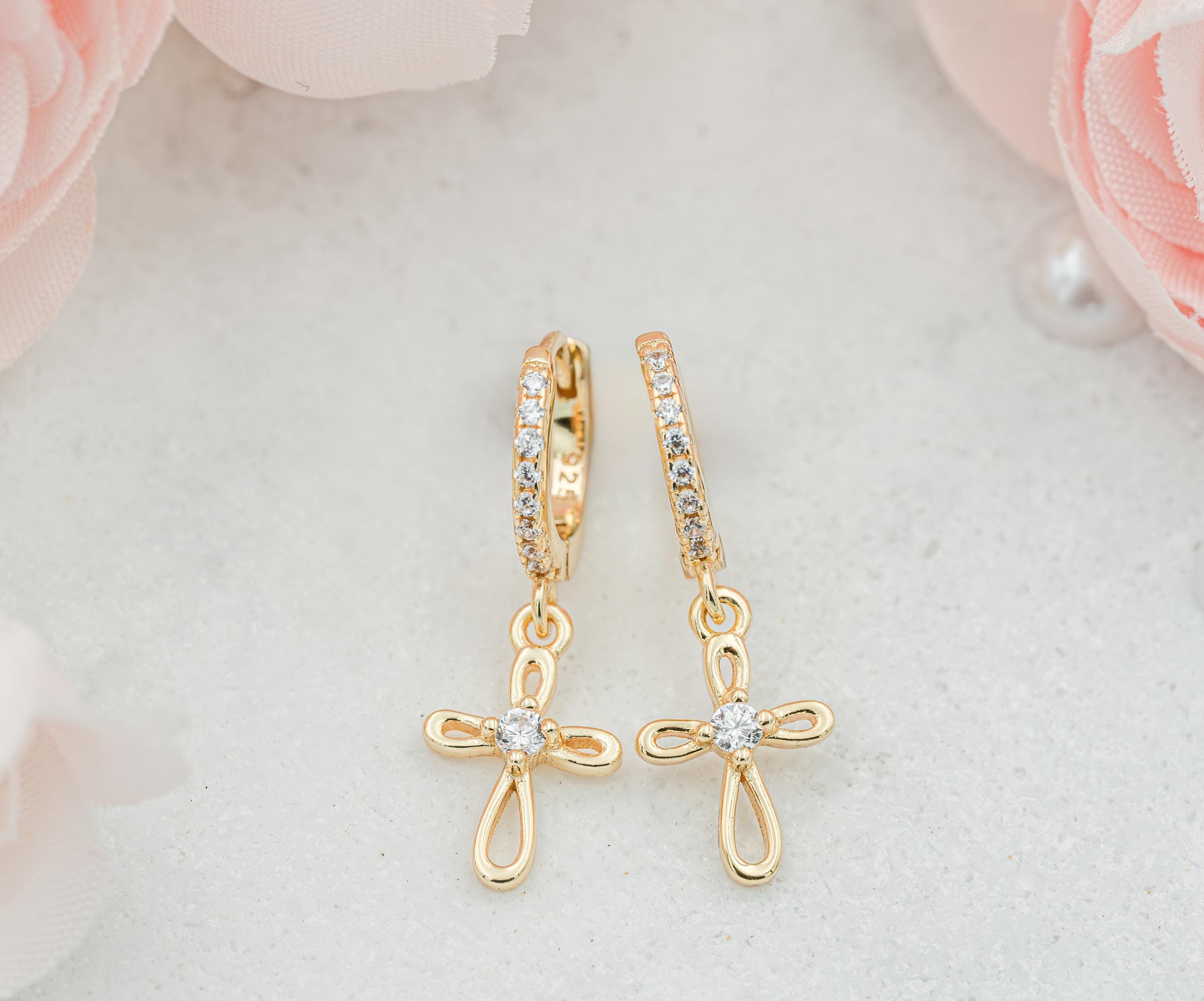 Kids 14K Gold-plated Huggie Earrings With Cross Baptism, First ...