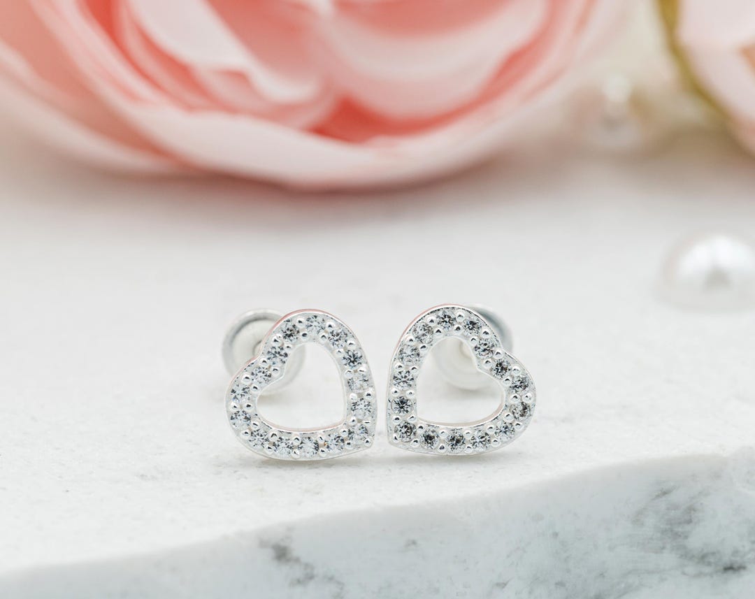 Little Girls Sterling Silver Heart Earrings, Kids Screw Backs, Toddler ...