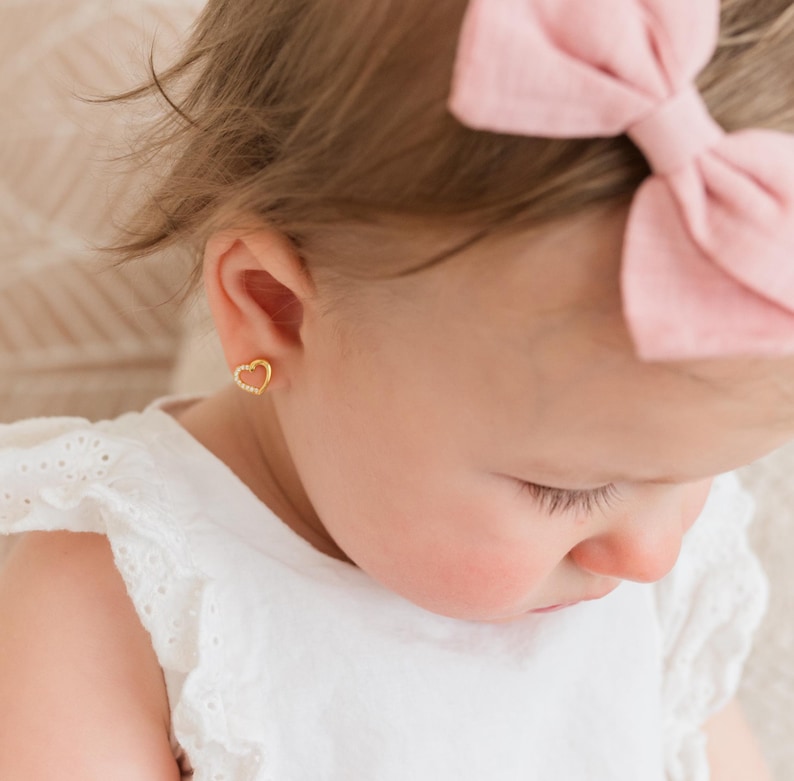 3 14K Gold Plated Floating Heart Screw Back Earrings, Newborn Infant ...