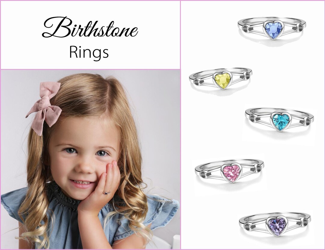 Sterling Silver Birthstone Baby Ring With CZ Heart, Ring for Toddlers ...