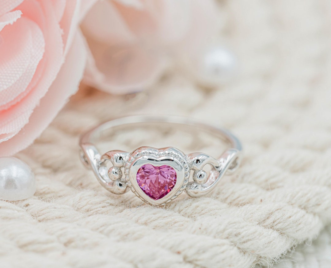 Little Girls Sterling Silver Baby Birthstone Ring, Toddlers CZ Heart ...
