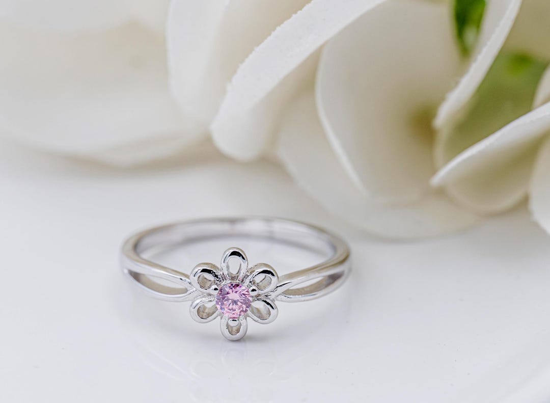 Kids Sterling Silver Birthstone Baby Ring, Little Girls Flower Ring for ...