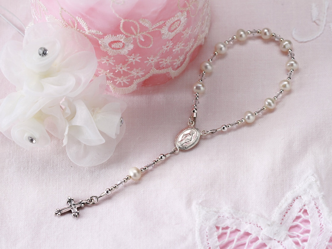 Sterling Silver Infant White Baby Rosary for Baby Baptism Gift, First ...