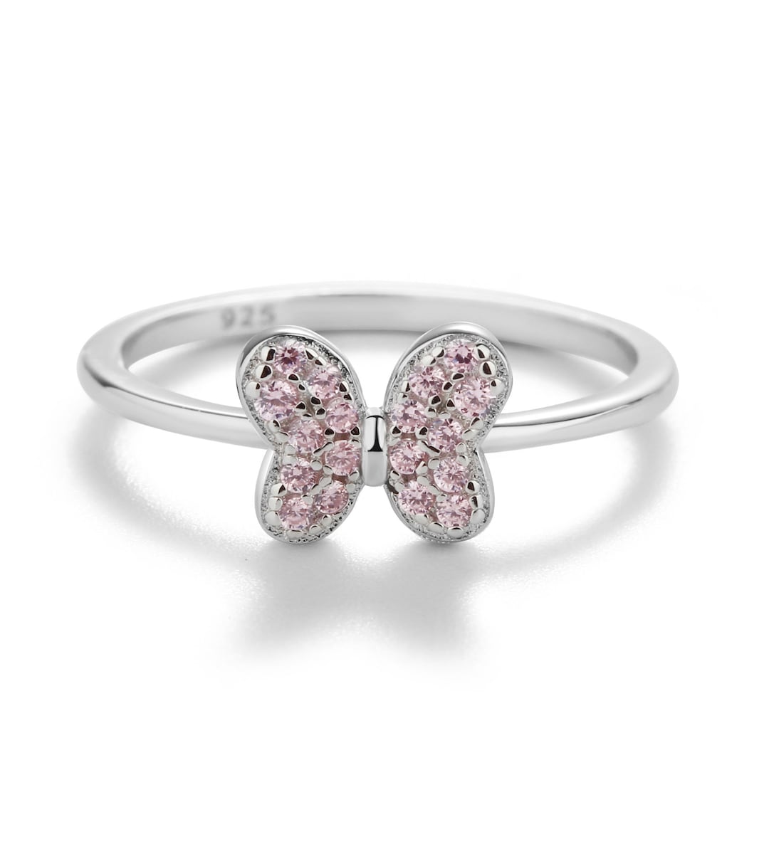 Little Girls Sterling Silver Pink Crystal Butterfly Ring With Sparkling ...