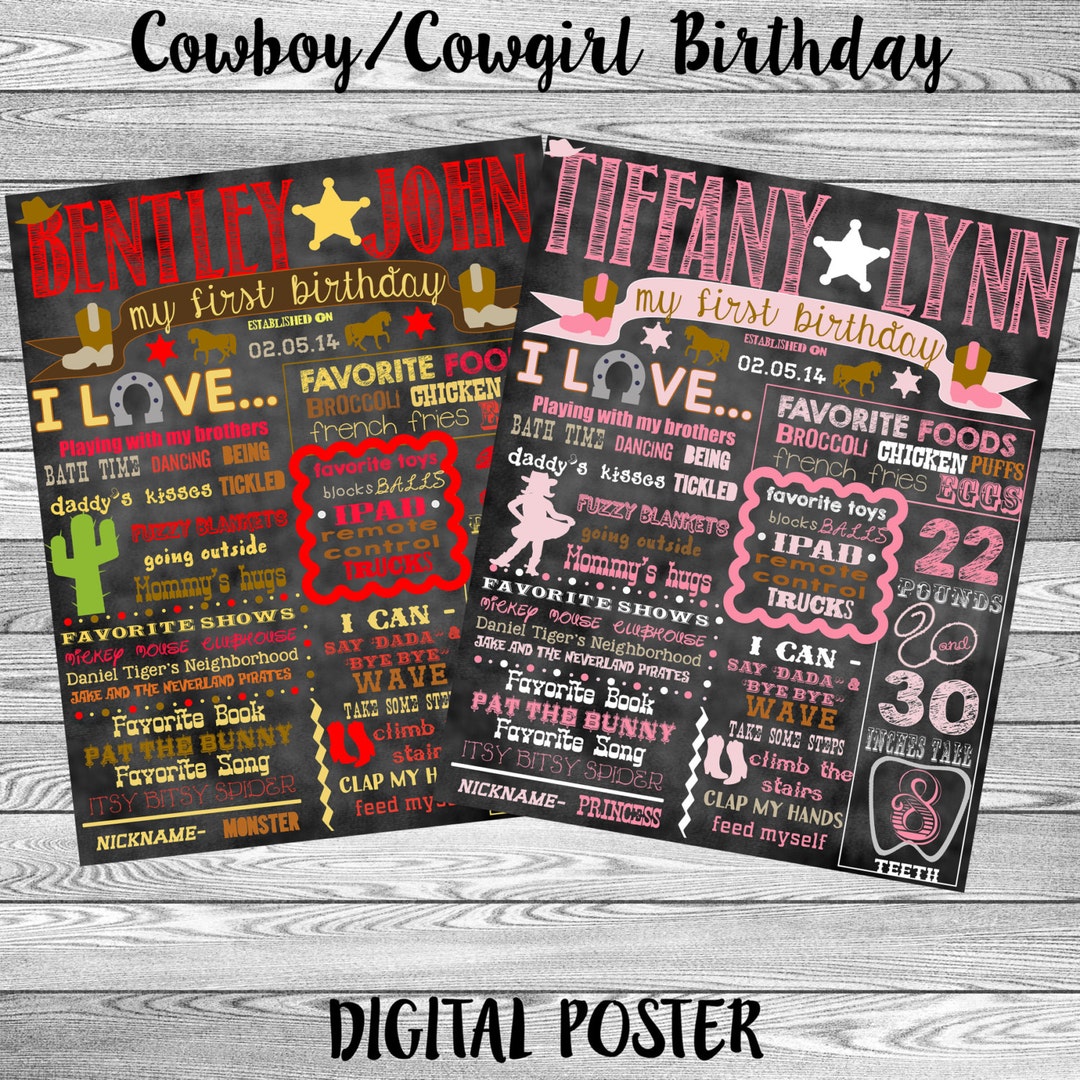 Cowboy & Cowgirl Birthday Stat "chalk Board" (digital Poster)- ANY ...