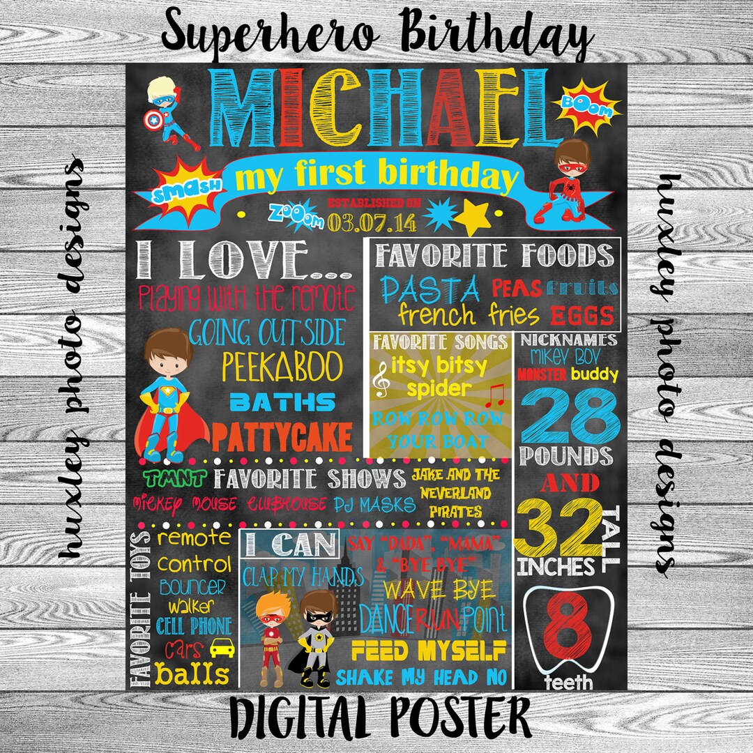 Superhero (BOY OR GIRL) Birthday Stat "chalkboard" (digital Poster) - Etsy