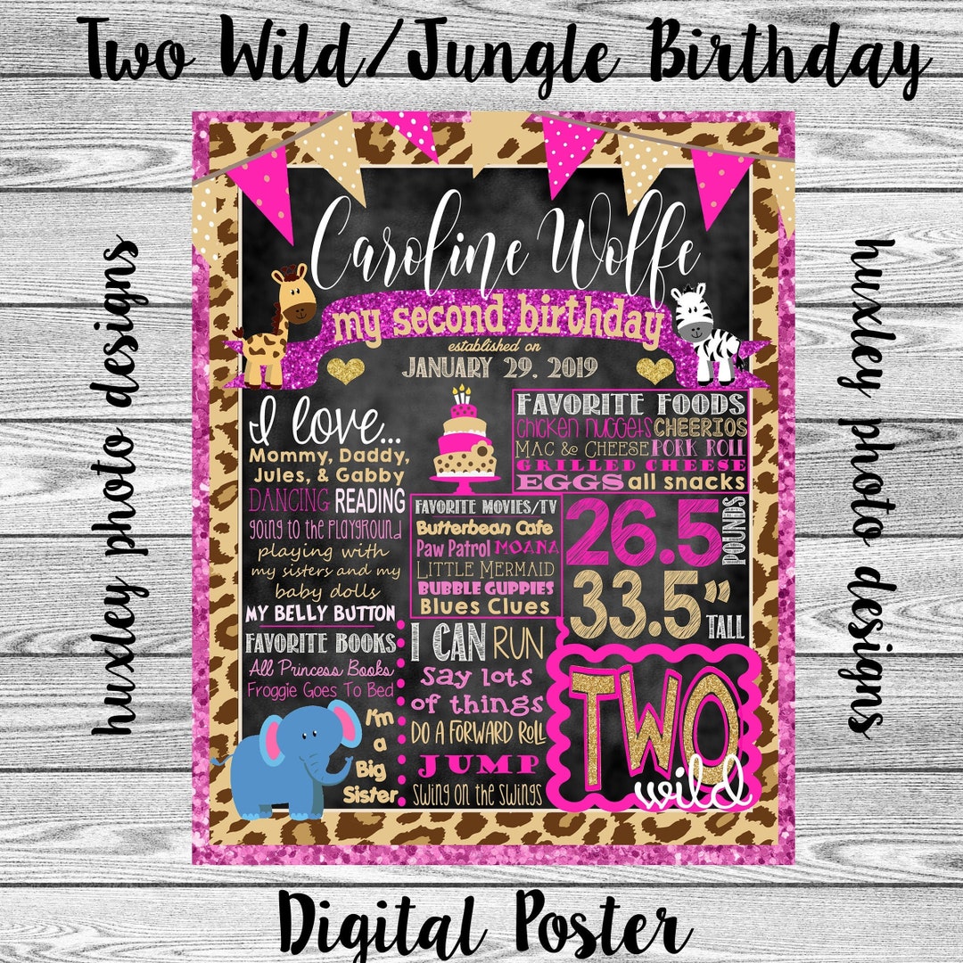 Two Wild Jungle Birthday Stat "chalkboard" (digital Poster)-any COLORS ...