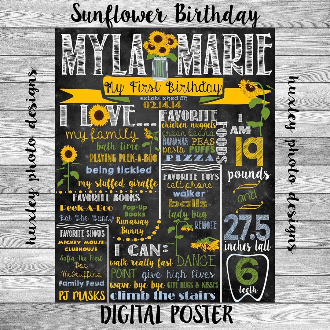 Sunflower Birthday Stat chalkboard digital Poster ANY COLORS - Etsy