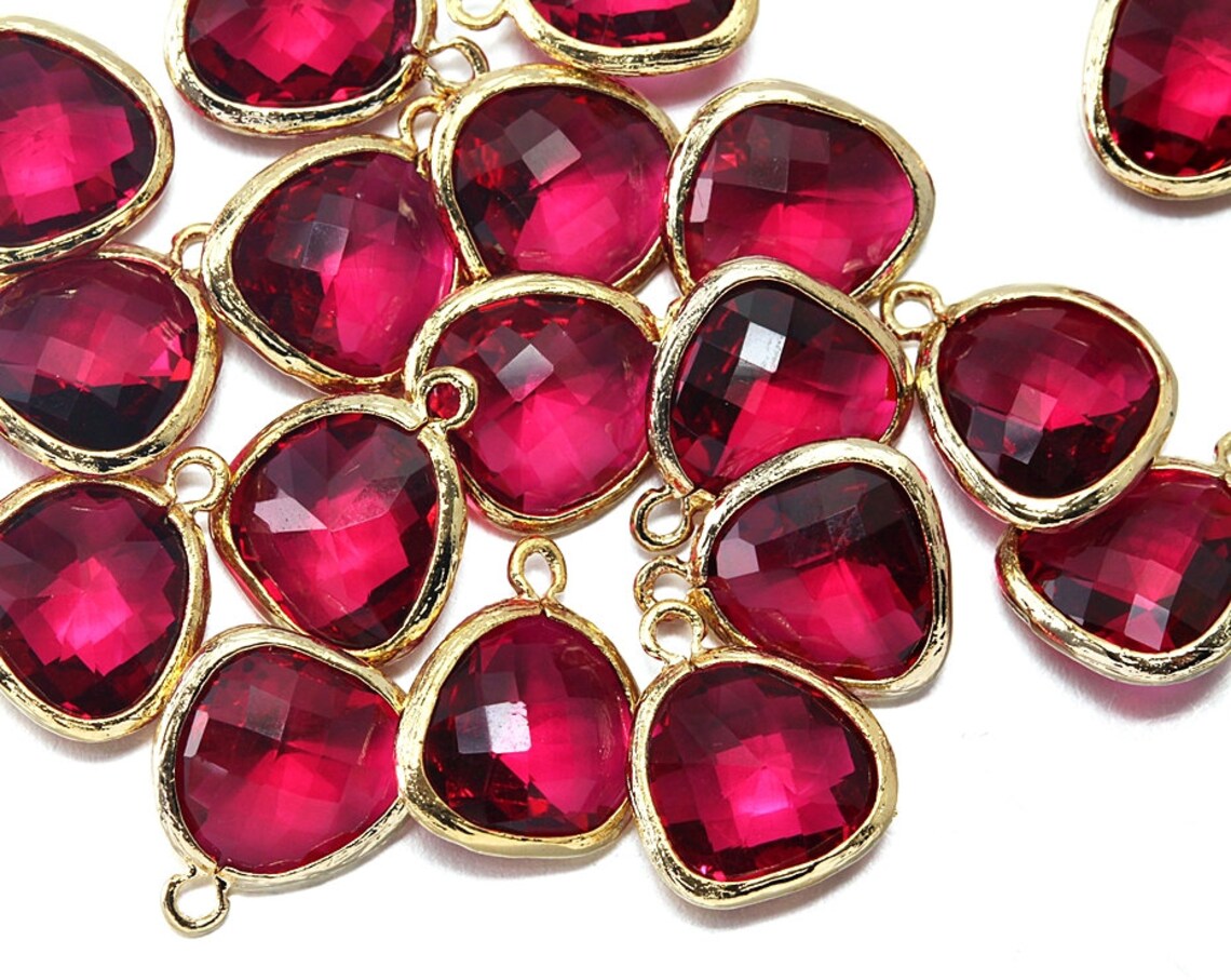Fuchsia Glass Pendant . Jewelry Craft Supplies . 16K Polished Gold ...